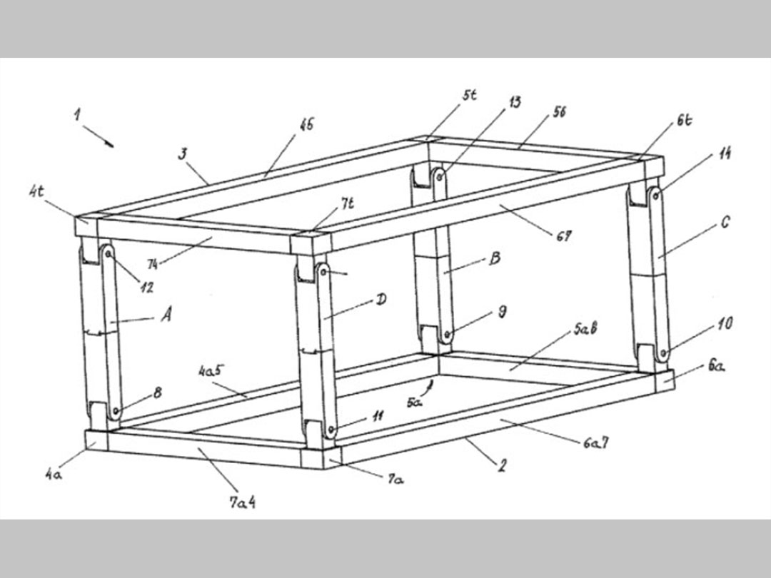 Foldable frame for containers and hinged member therefor - Danubia